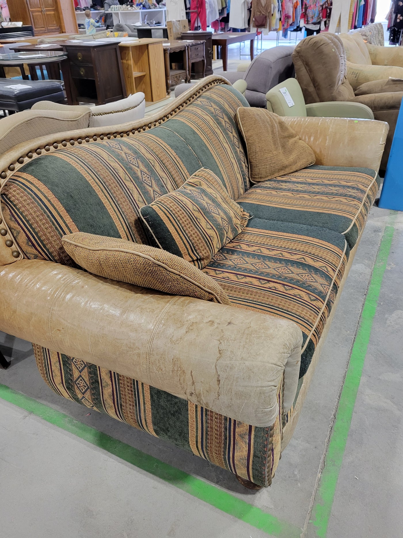 Leather Panel Roll Arm Sofa with Green Embroidered Cushions – Habitat ...