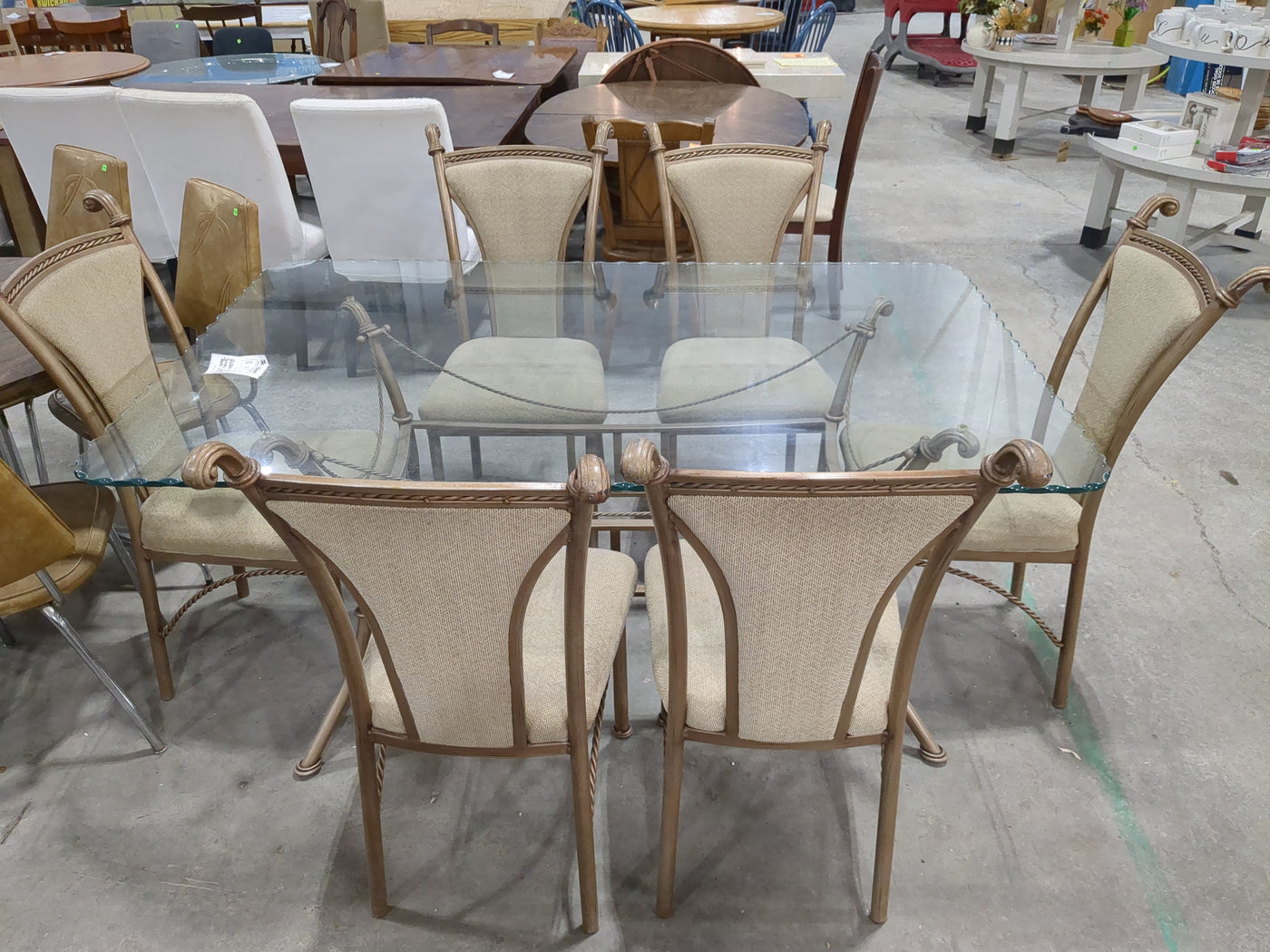 Ruffle Edge Glass Dining Table with Decorative Metal base and Six Dini ...