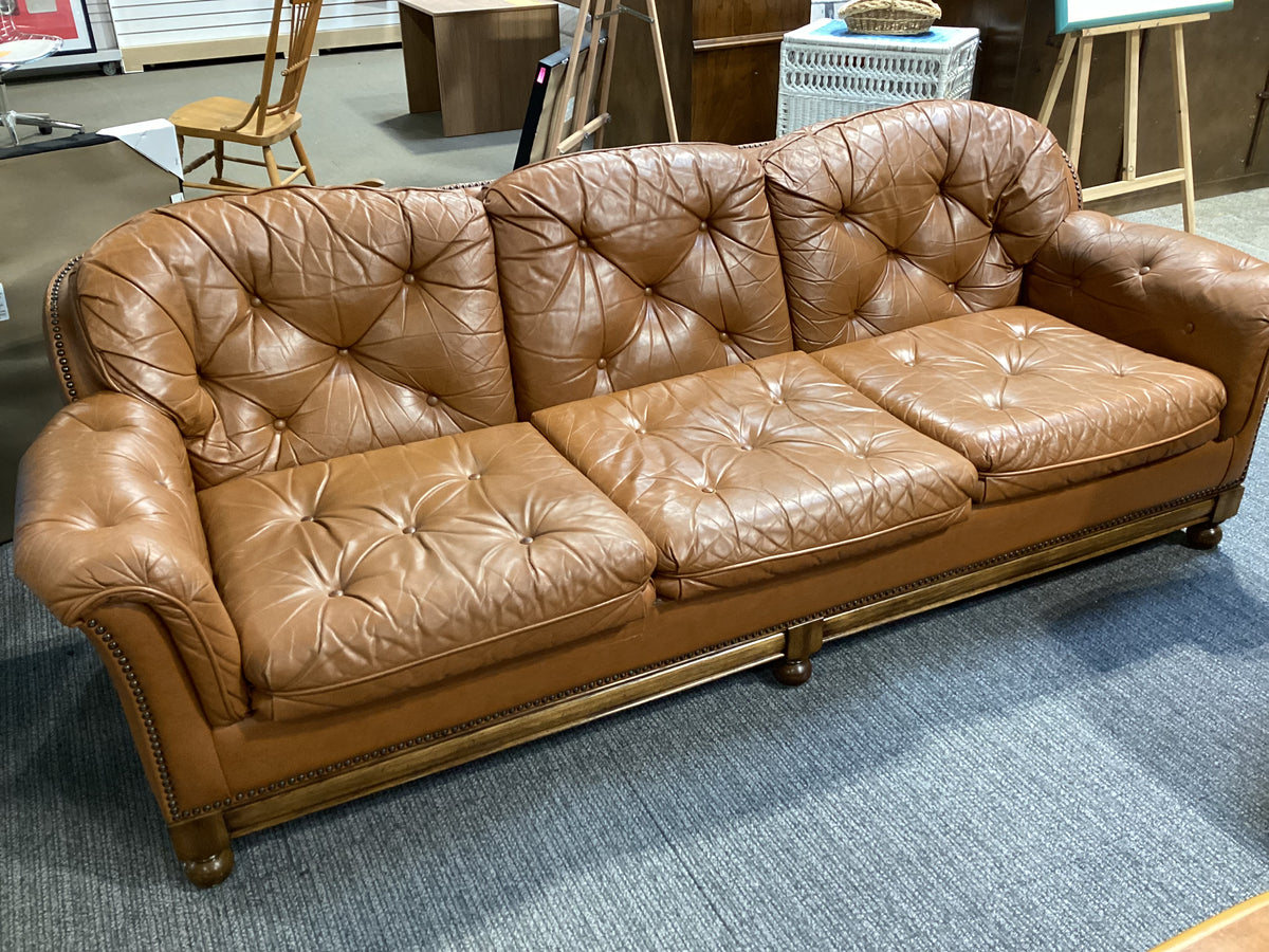 MCM Tan Leather Couch with Wooden Legs – Habitat for Humanity Greater ...